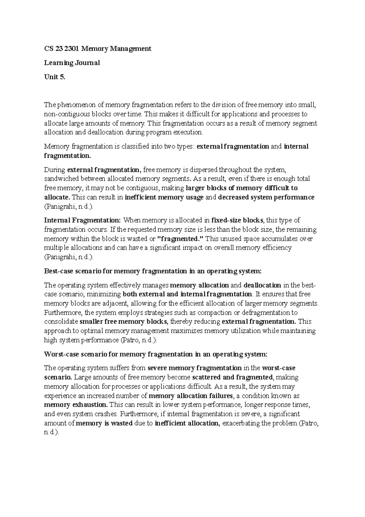 CS 2301 Learning Journal Unit 5 - CS 23 2301 Memory Management Learning Journal Unit 5. The ...