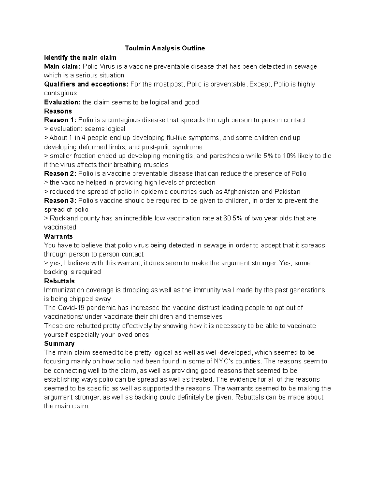 Pw Vii Toulmin Analysis Toulmin Analysis Outline Identify The Main Claim Main Claim Polio