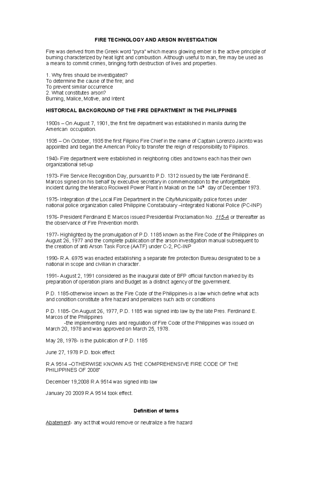 FIRE - Notes - FIRE TECHNOLOGY AND ARSON INVESTIGATION Fire was derived ...