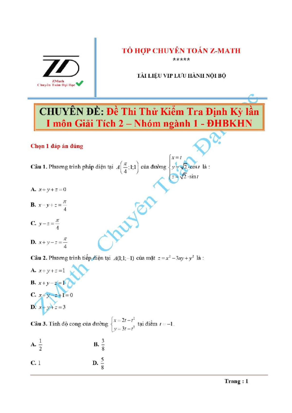 GT2 lần 1 - Z - đề giải tích 2 thi thử - TO HOP CHUYÊN TOAN TAILIEU VIP LUU HANH NOIBO ZMath ...