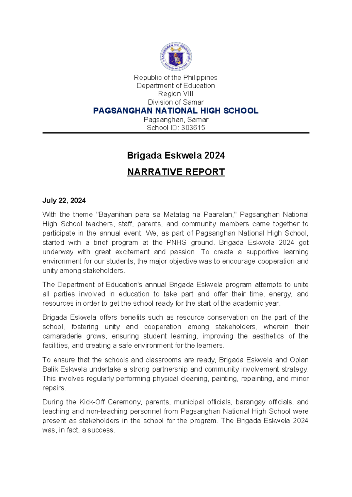 Brigada Eskwela 2024 - Narrative Report - Republic of the Philippines ...