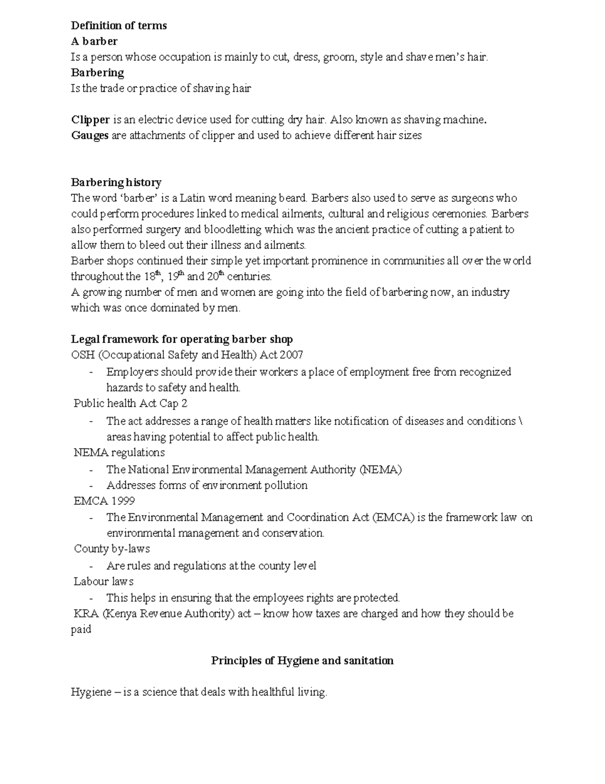 Barbering notes - Definition of terms A barber Is a person whose ...