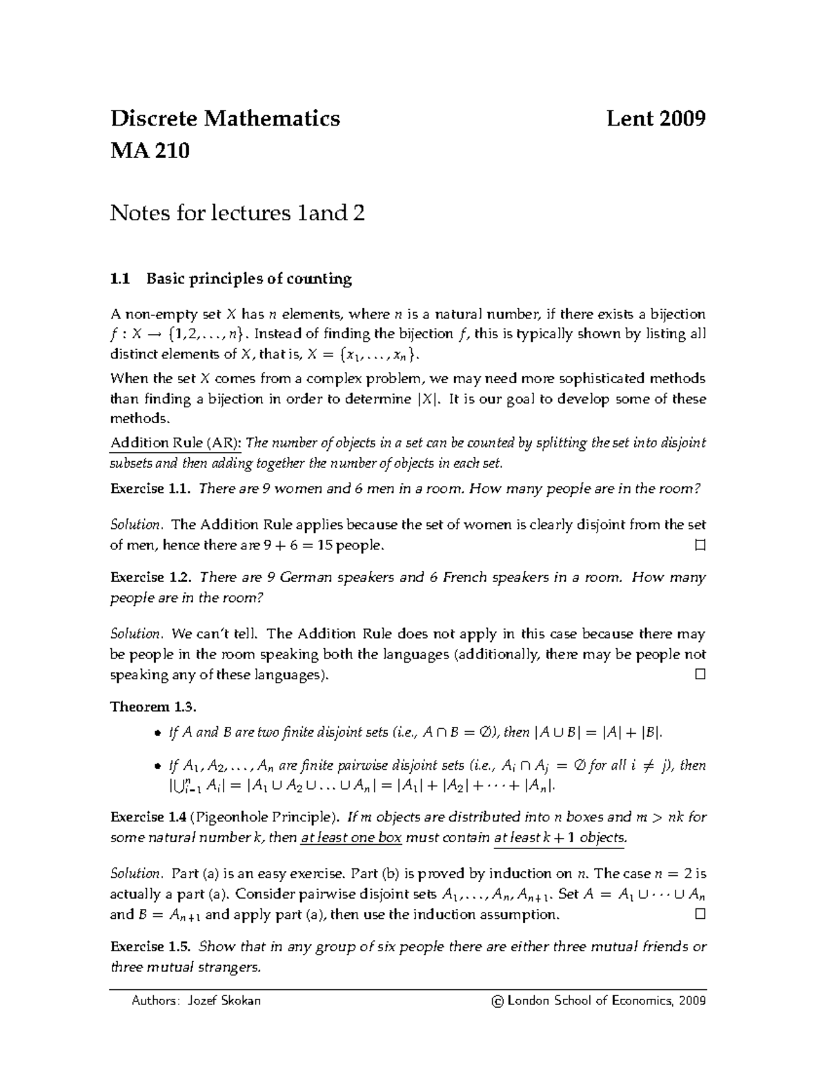 MA210 2009-2010 Lecture 1 & 2 Notes - Discrete Mathematics Lent 2009 MA ...