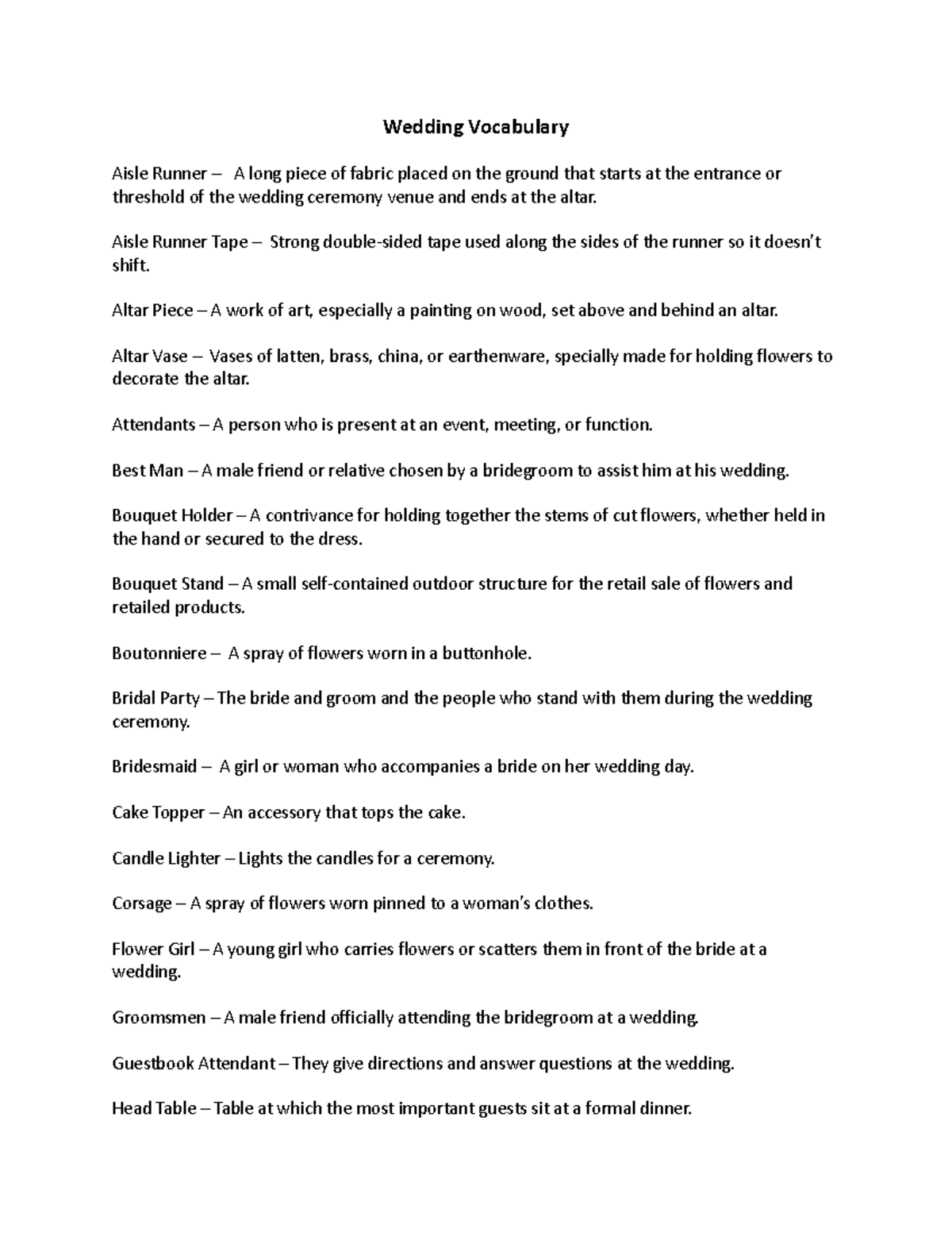 Floral Design (Wedding Vocab - Wedding Vocabulary Aisle Runner – A long ...