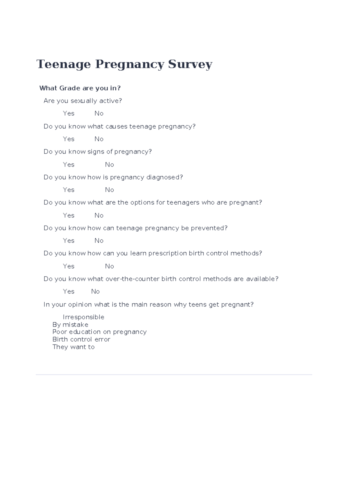 Teenage Pregnancy Survey - Studocu