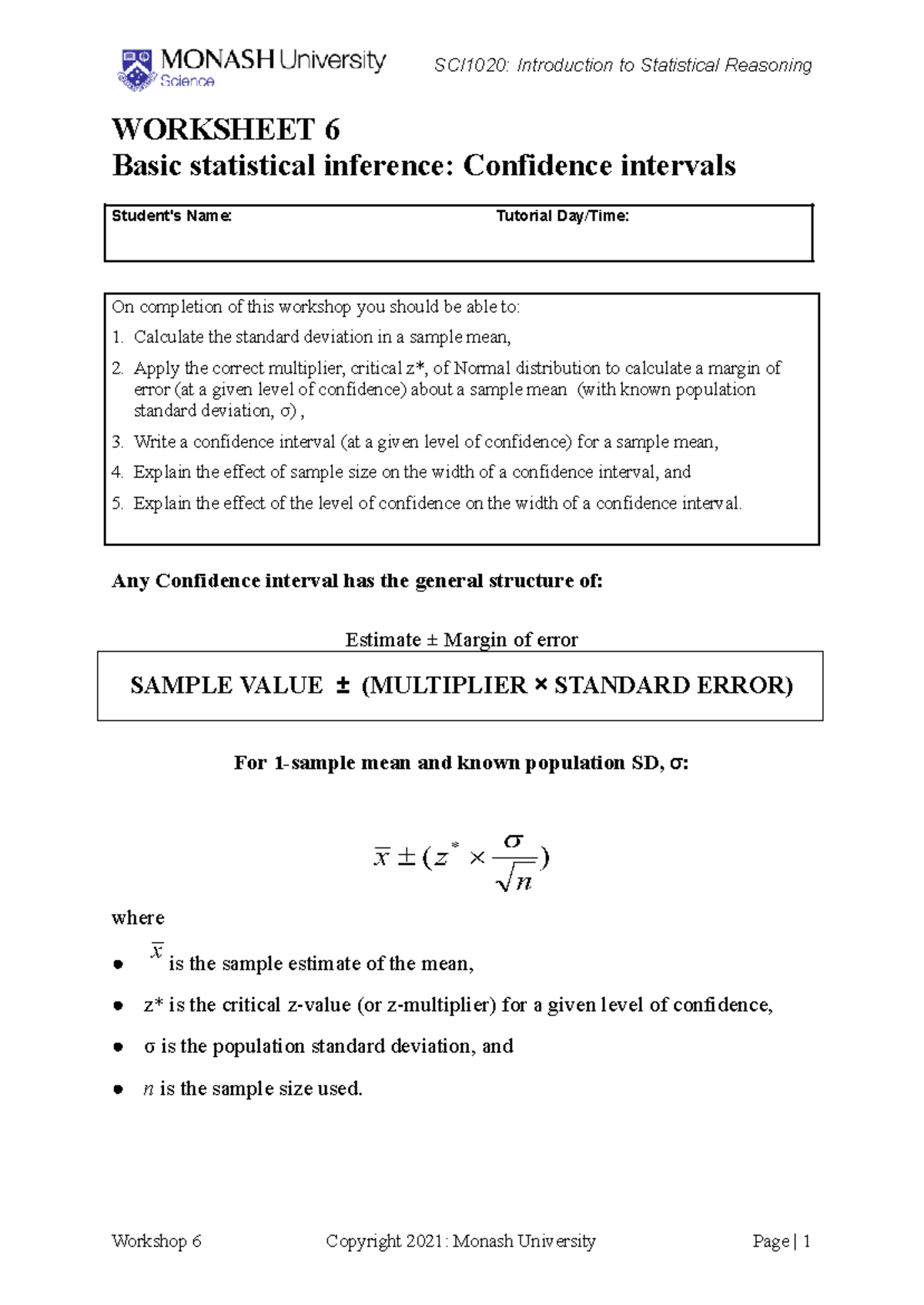 SCI1020 Worksheet 6 - SCI1020: Introduction to Statistical Reasoning WORKSHEET 6 Basic ...