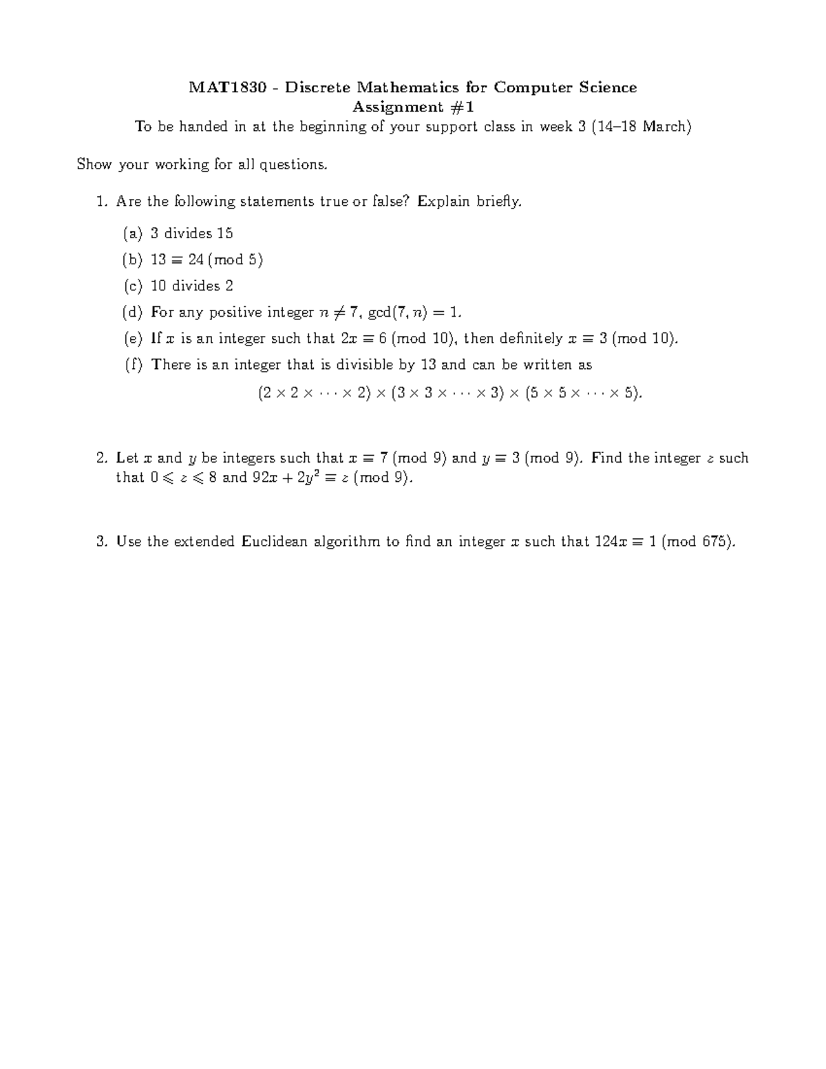 Seminar assignments - Assignment 1 with solutions - MAT1830 - Discrete Mathematics for Computer ...