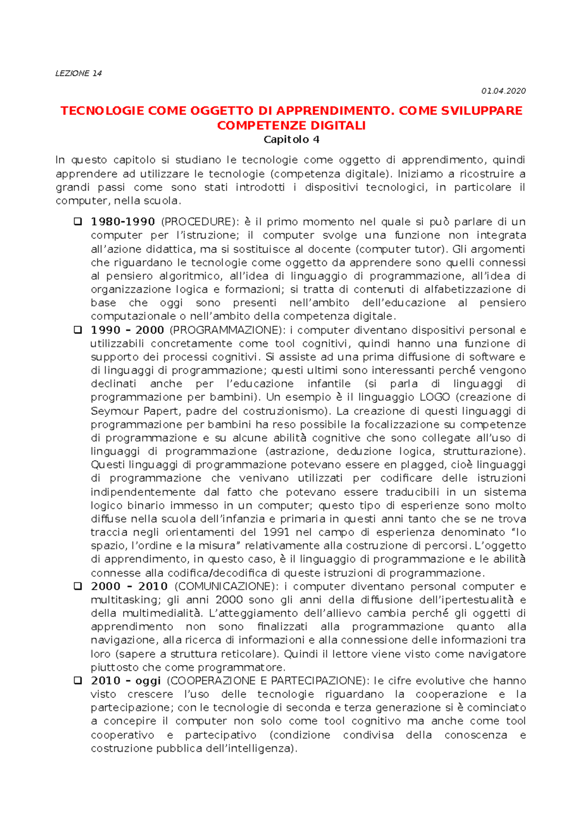 Lezione 14 - TECNOLOGIE DIDATTICHE PROF. MARTINI - LEZIONE 14 ...