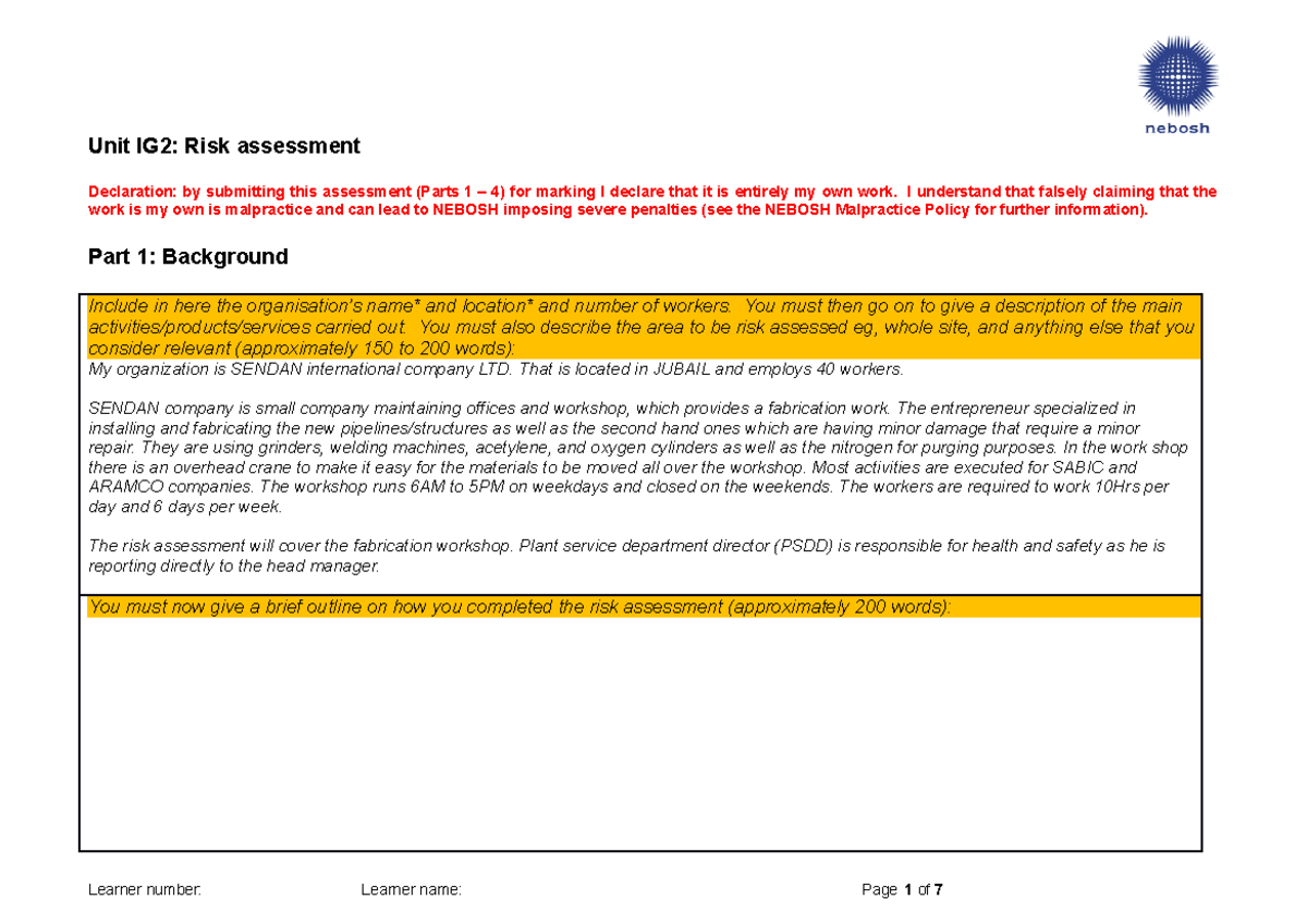 Sample assessment 1 - good - Unit IG2: Risk assessment Declaration: by submitting this ...