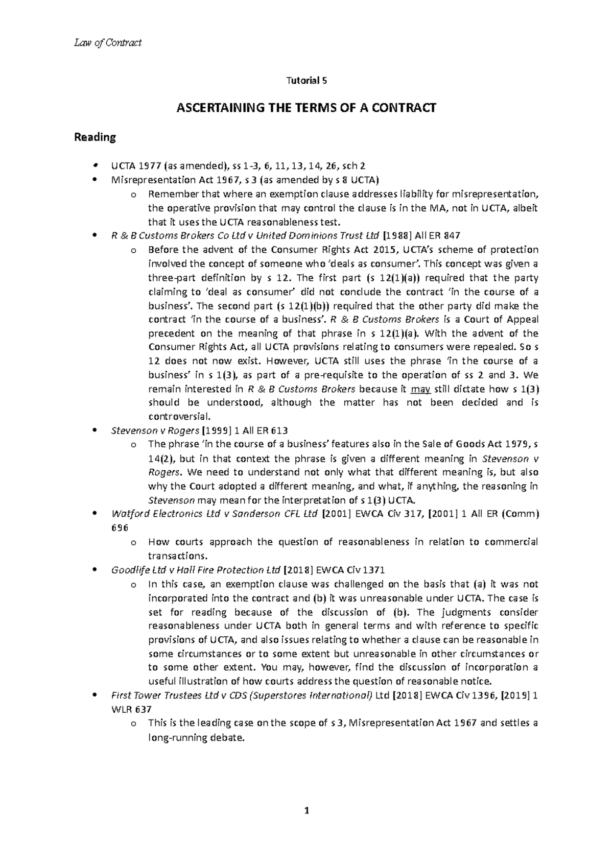 Contract tutorial 5 - Tutorial 5 ASCERTAINING THE TERMS OF A CONTRACT Reading UCTA 1977 (as ...