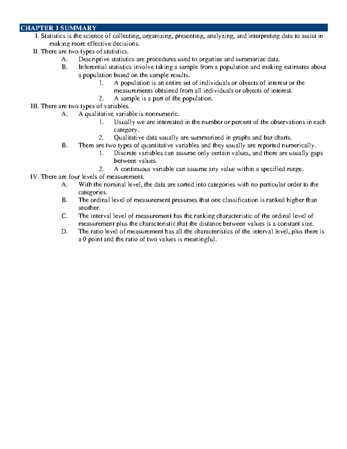 Chapter 1 what is statistics Summary - CHAPTER 1 SUMMARY I. Statistics ...