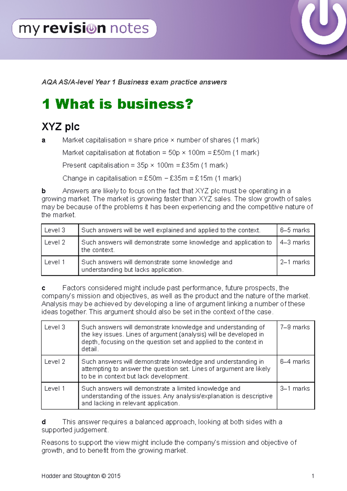 Exam practice answers 1 - The market is growing faster than XYZ sales ...