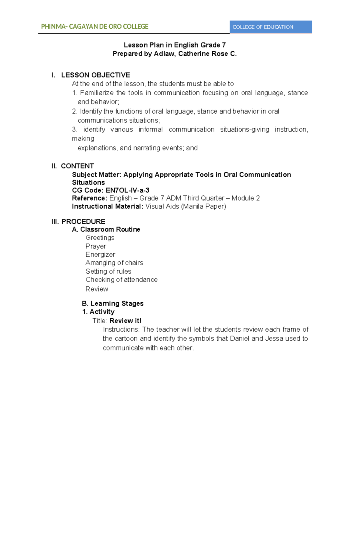 G7 WEEK 2 LP - PHINMA- CAGAYAN DE ORO COLLEGE COLLEGE OF EDUCATION ...