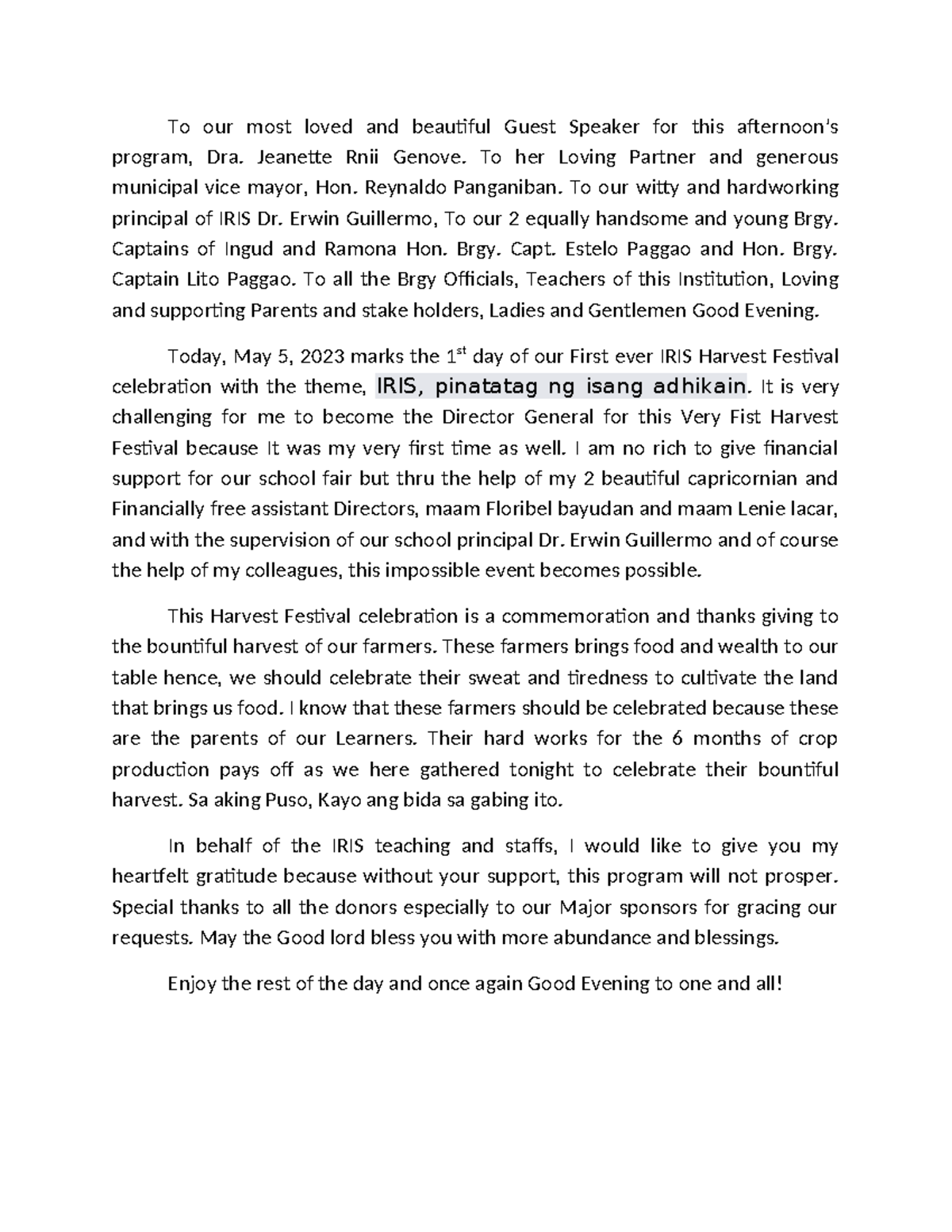 Harvest festival speech - To our most loved and beautiful Guest Speaker for this afternoon’s ...