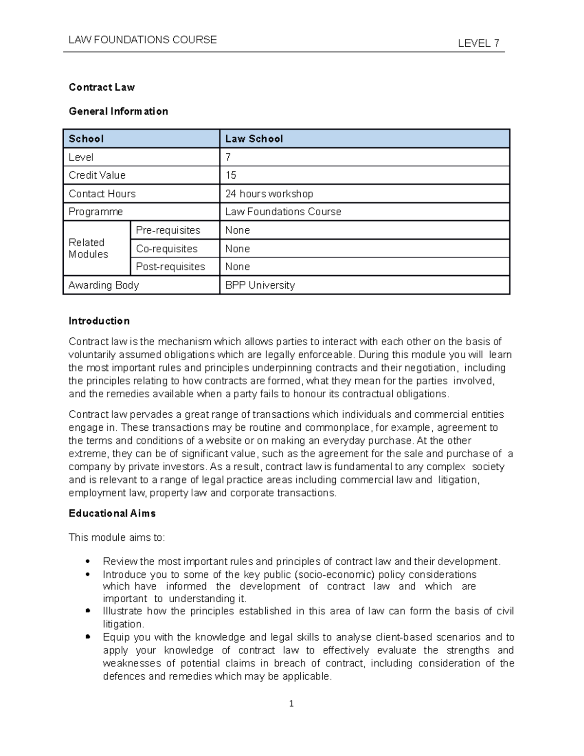 Contract Law Module Outline - Contract Law General Information School ...