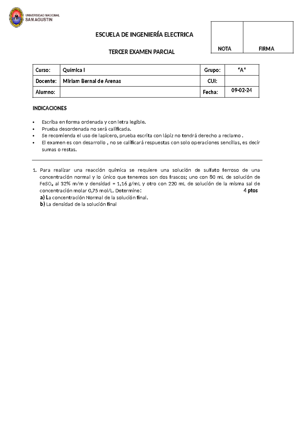 Tercer Examen Parcial 2023 - ESCUELA DE INGENIERÍA ELECTRICA TERCER EXAMEN PARCIAL Curso ...