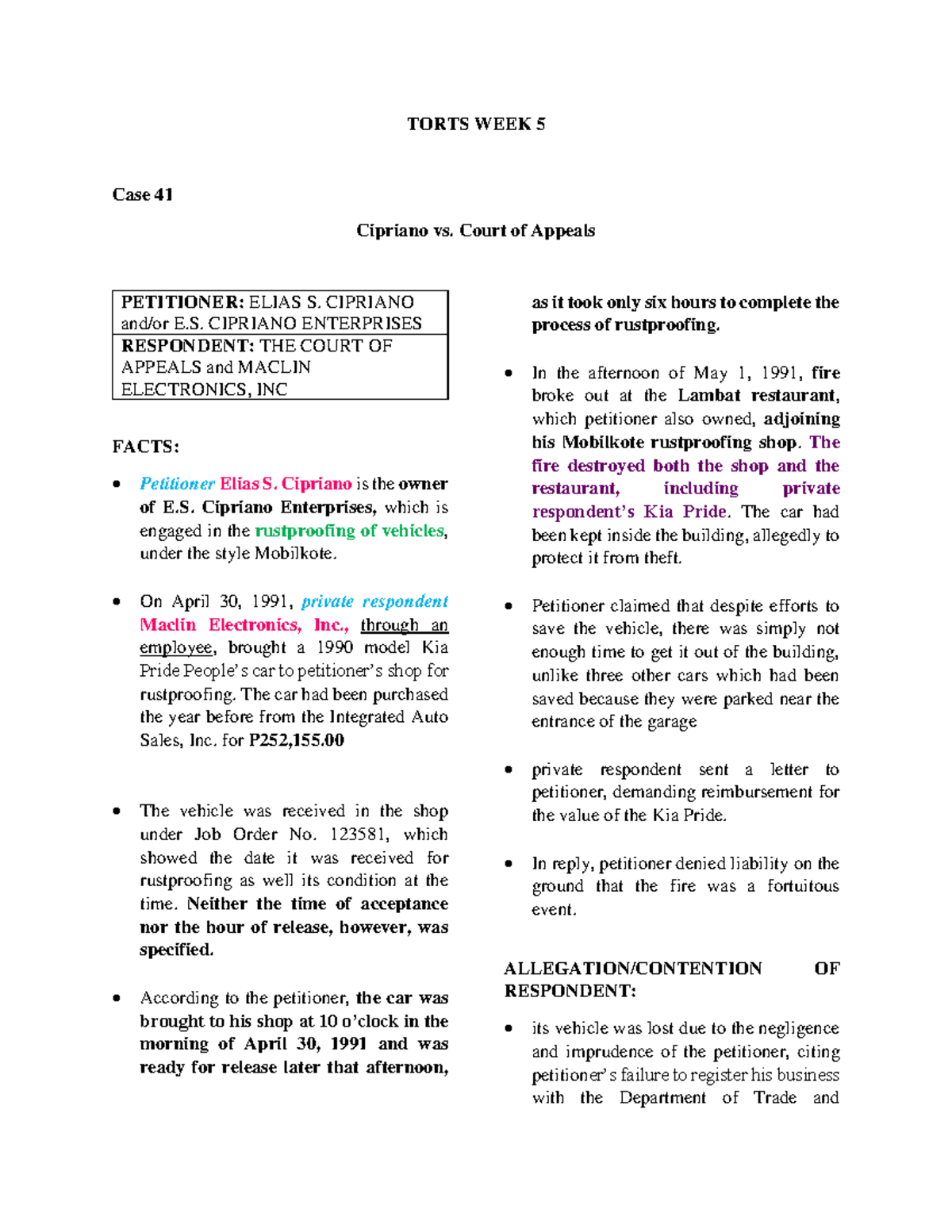 Partial Torts WEEK 5 - reviewer - TORTS WEEK 5 Case 41 Cipriano vs. Court of Appeals PETITIONER ...