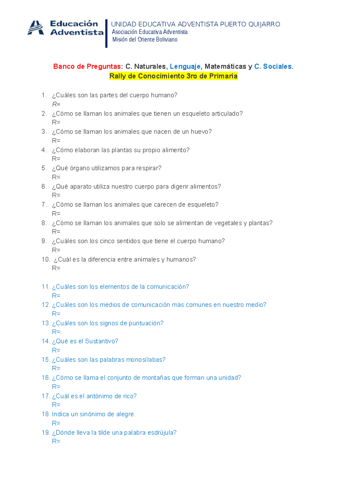 Banco de Preguntas sin respuestas 3ro Primaria - UNIDAD EDUCATIVA ADVENTISTA PUERTO QUIJARRO ...