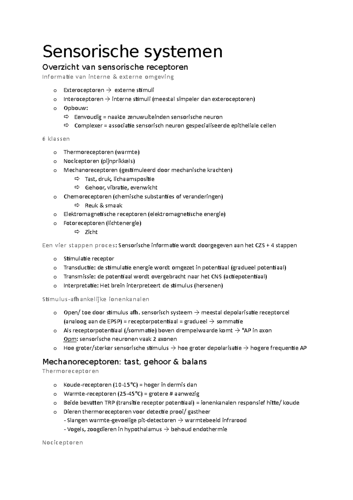Dierkunde - sensorisch stelsel - Sensorische systemen Overzicht van ...