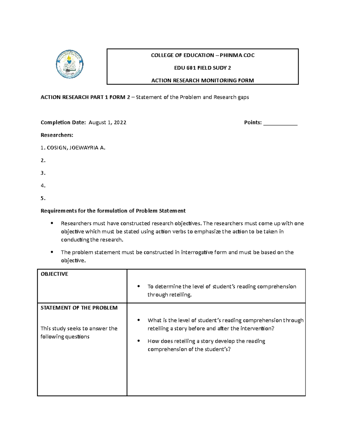 FS2 FORM 2 - FS2 FORM 2 - ACTION RESEARCH PART 1 FORM 2 – Statement of ...