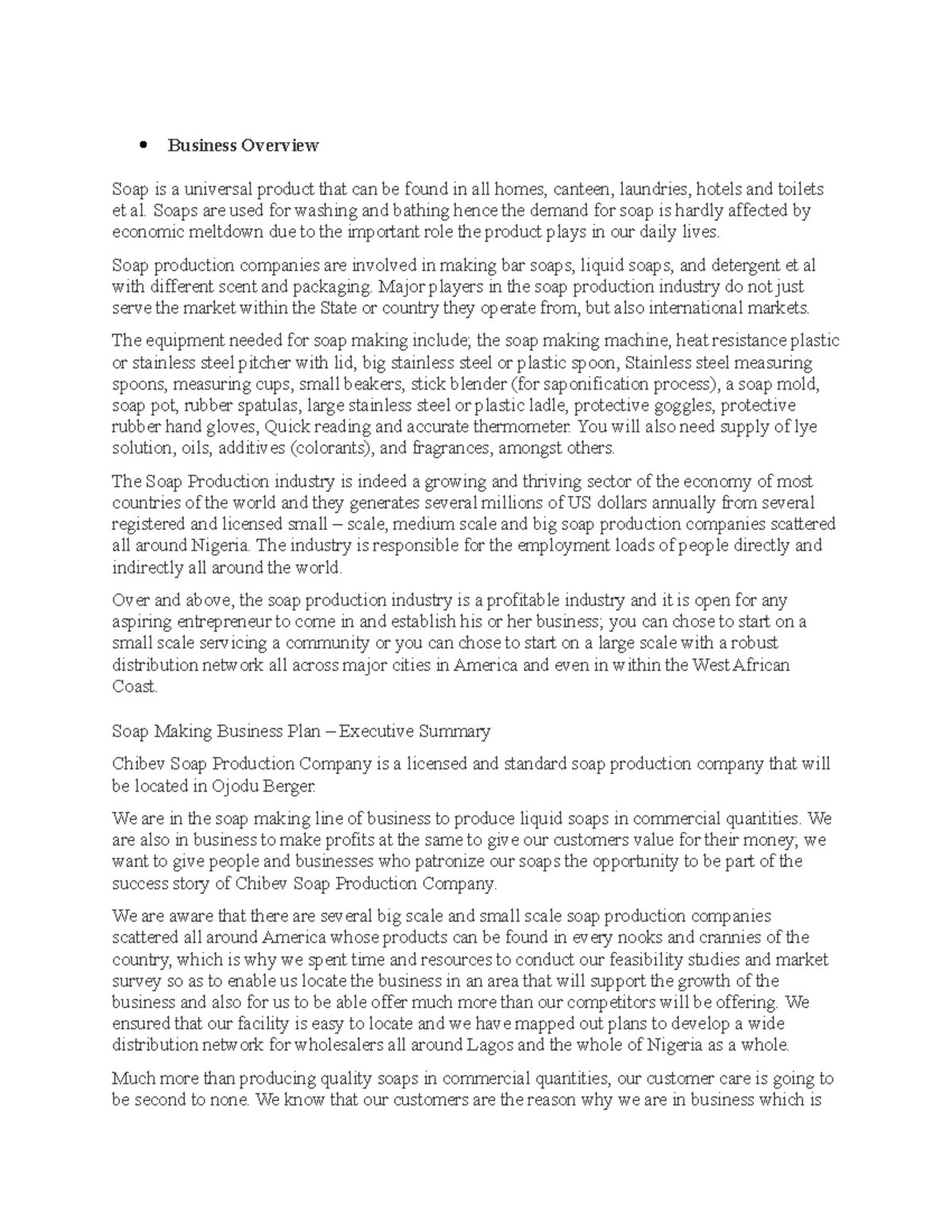 Business Plan Liquid Soap - Business Overview Soap is a universal ...