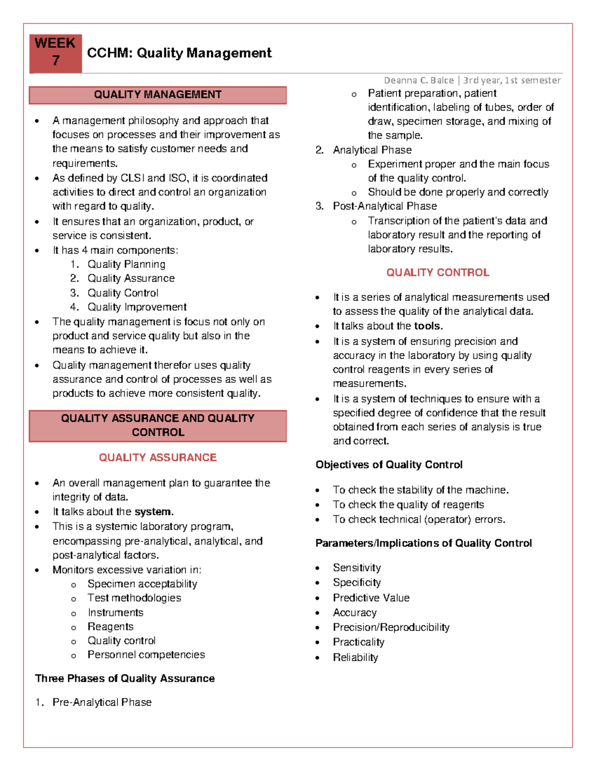 CCHM-LEC- Midterms - Notes for clinical chemistry - 7 CCHM: Quality ...