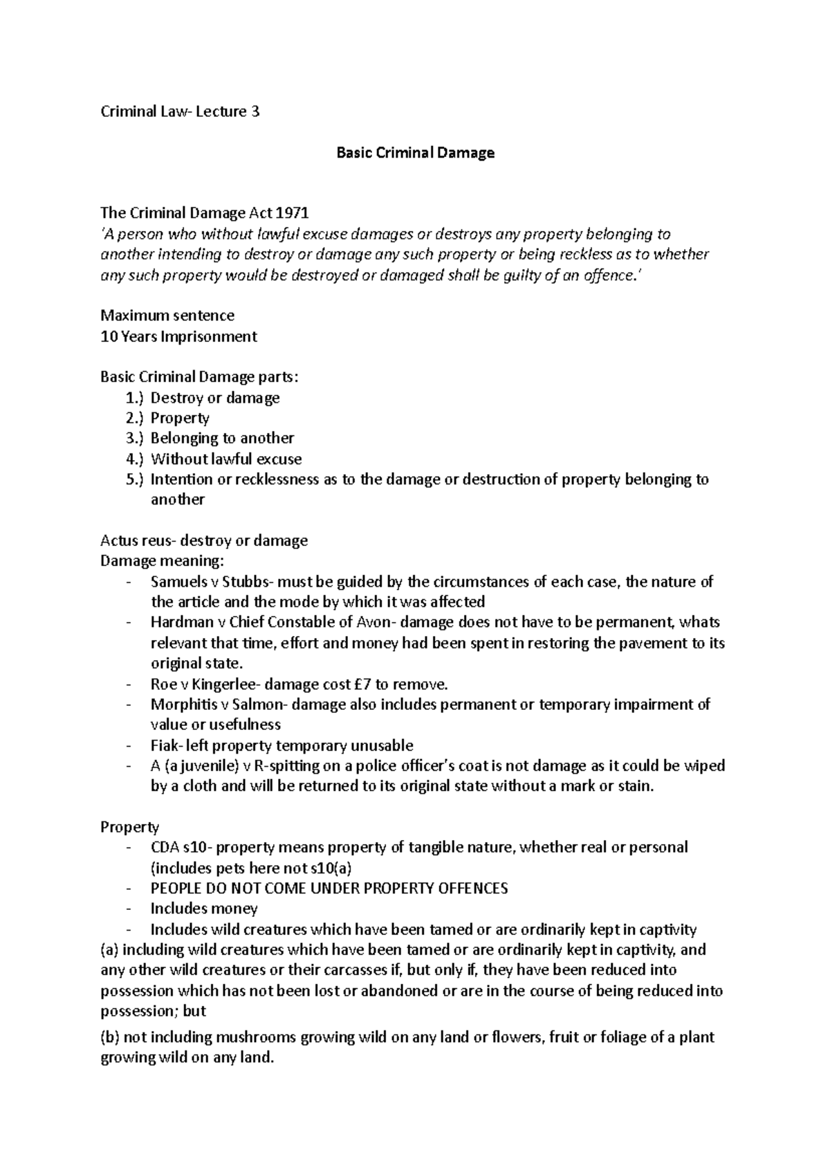 Criminal Law- lecture 3- Criminal Damage - Criminal Law- Lecture 3 ...