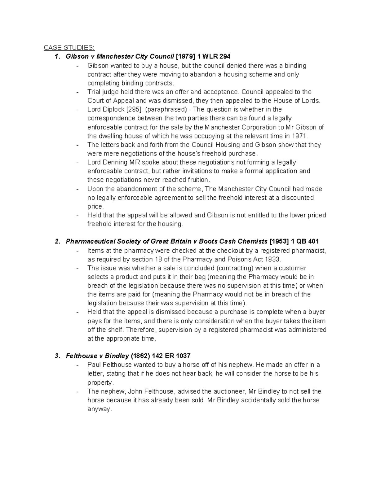 WEEK 1 Notes Agreement Consideration - CASE STUDIES: Gibson v ...
