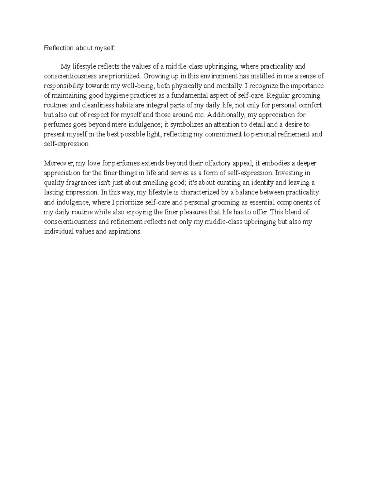 Uts - Reflection about myself: My lifestyle reflects the values of a ...