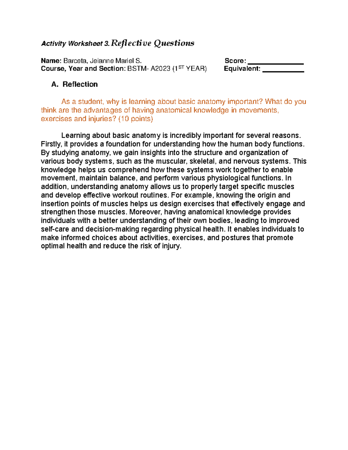 Activity worksheet 3 in PE - Activity Worksheet 3. Reflective Questions ...