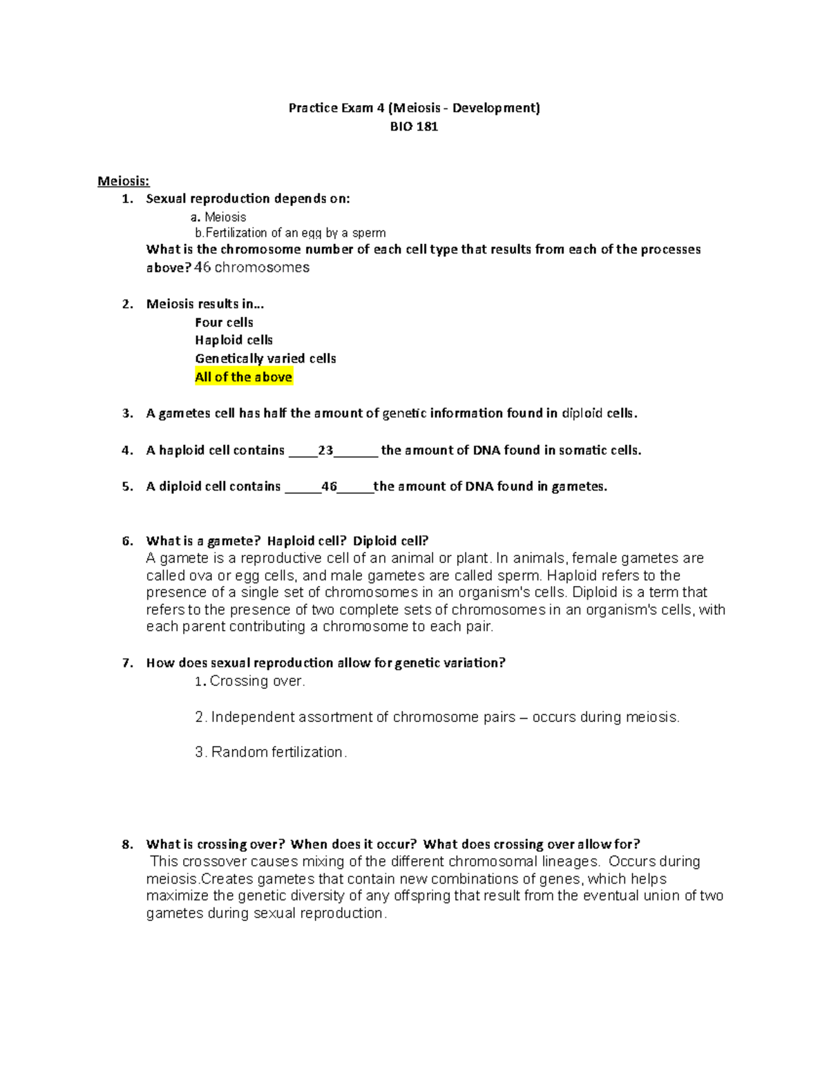 Practice Exam 4 (Meiosis - Development) - Practice Exam 4 (Meiosis ...