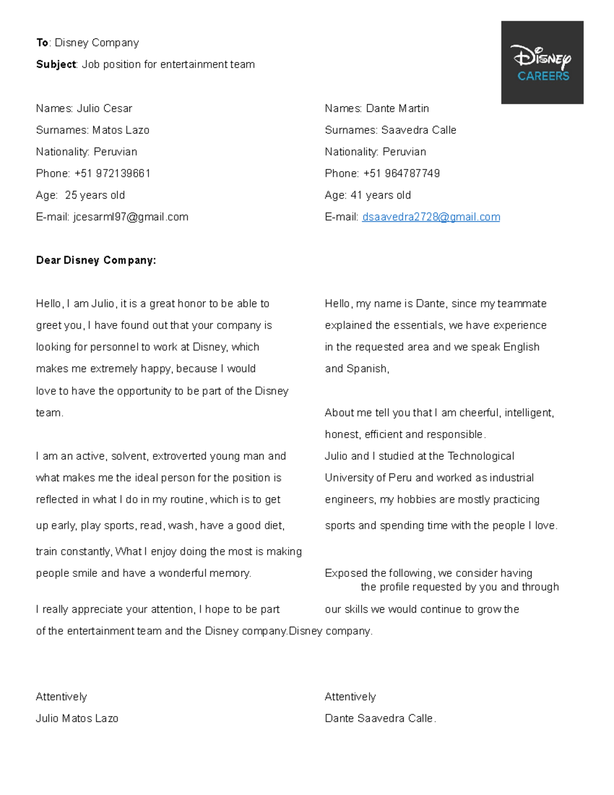 Proyecto Final Disney C - To : Disney Company Subject : Job position ...