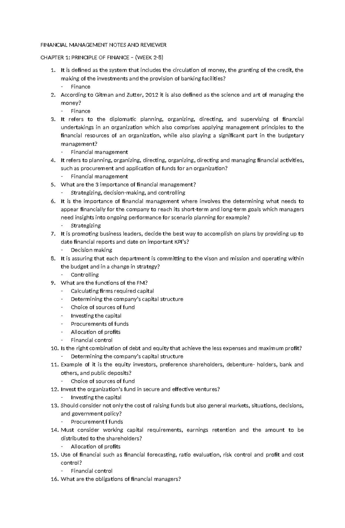 FM - NOTES PART1 - FINANCIAL MANAGEMENT NOTES AND REVIEWER CHAPTER 1 ...