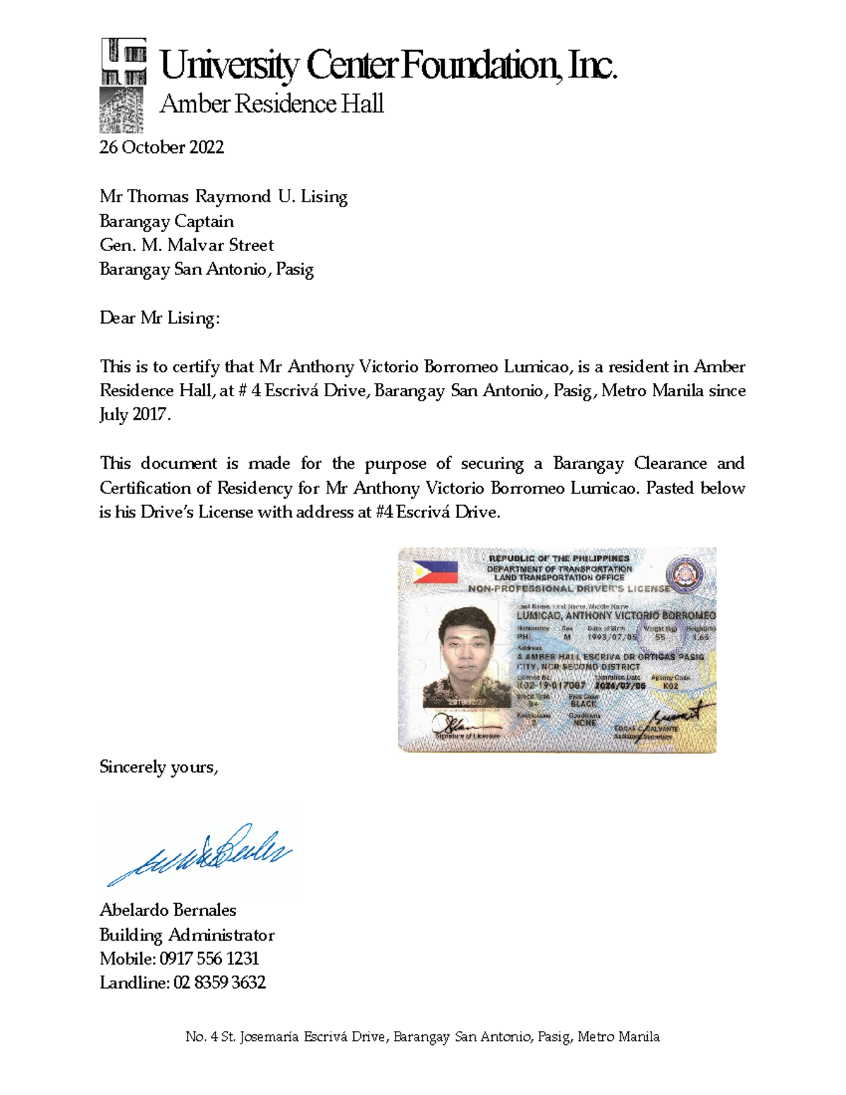 Lumicao - Proof of Residency - No. 4 St. Josemaría Escrivá Drive ...