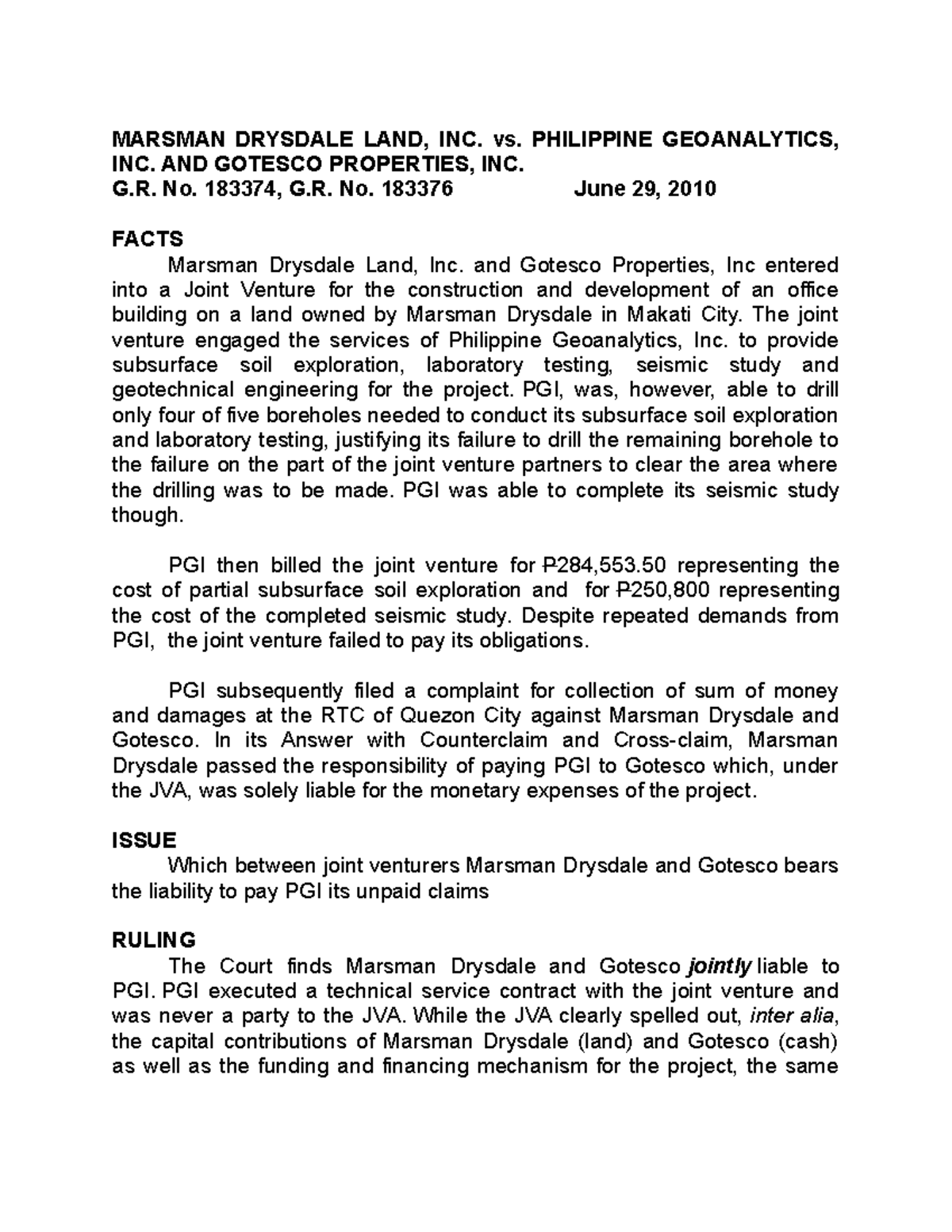 Case 2 case digest - MARSMAN DRYSDALE LAND, INC. vs. PHILIPPINE ...