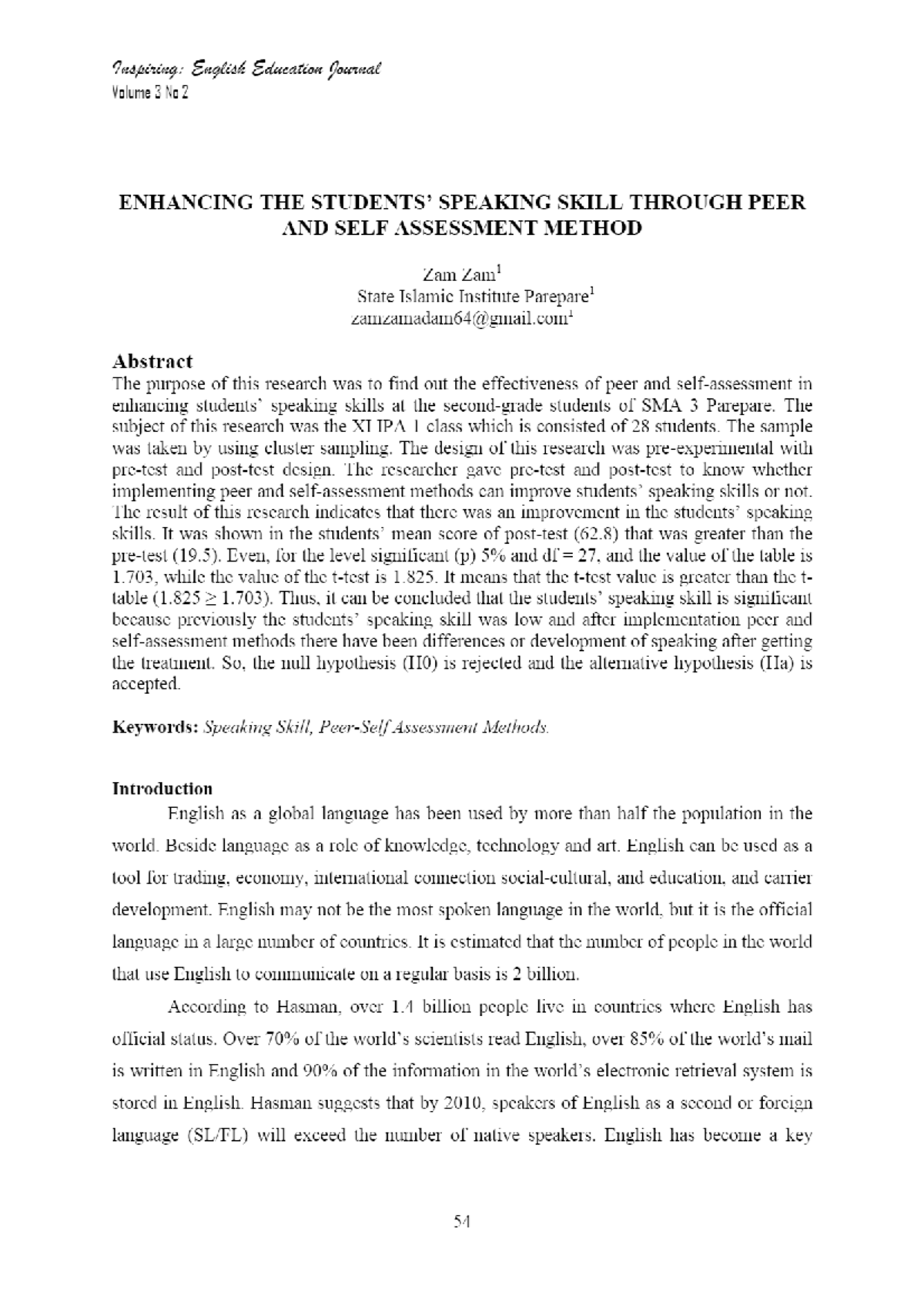 Enhancing The Students’ Speaking Skill Through Peer and Self Assessment ...