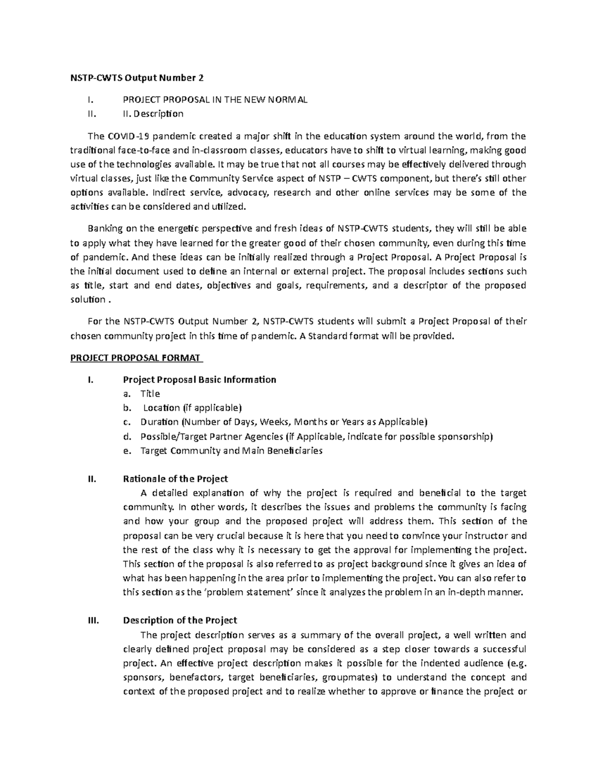 NSTP - NSTP - NSTP-CWTS Output Number 2 I. PROJECT PROPOSAL IN THE NEW ...