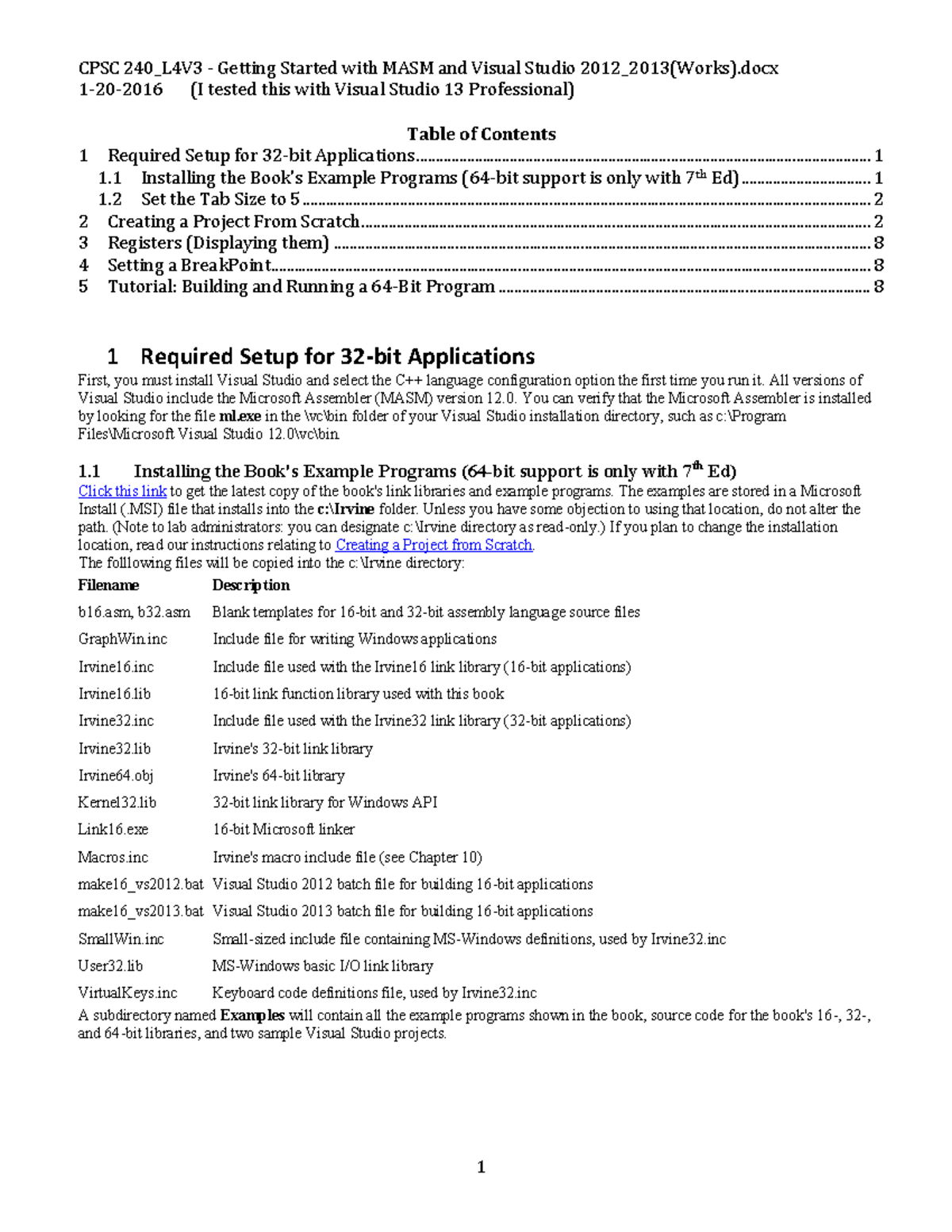 CPSC 240 L4V3 - Getting Started with MASM and Visual Studio 2012 2013 (Kip Irvine) - CPSC 240 ...
