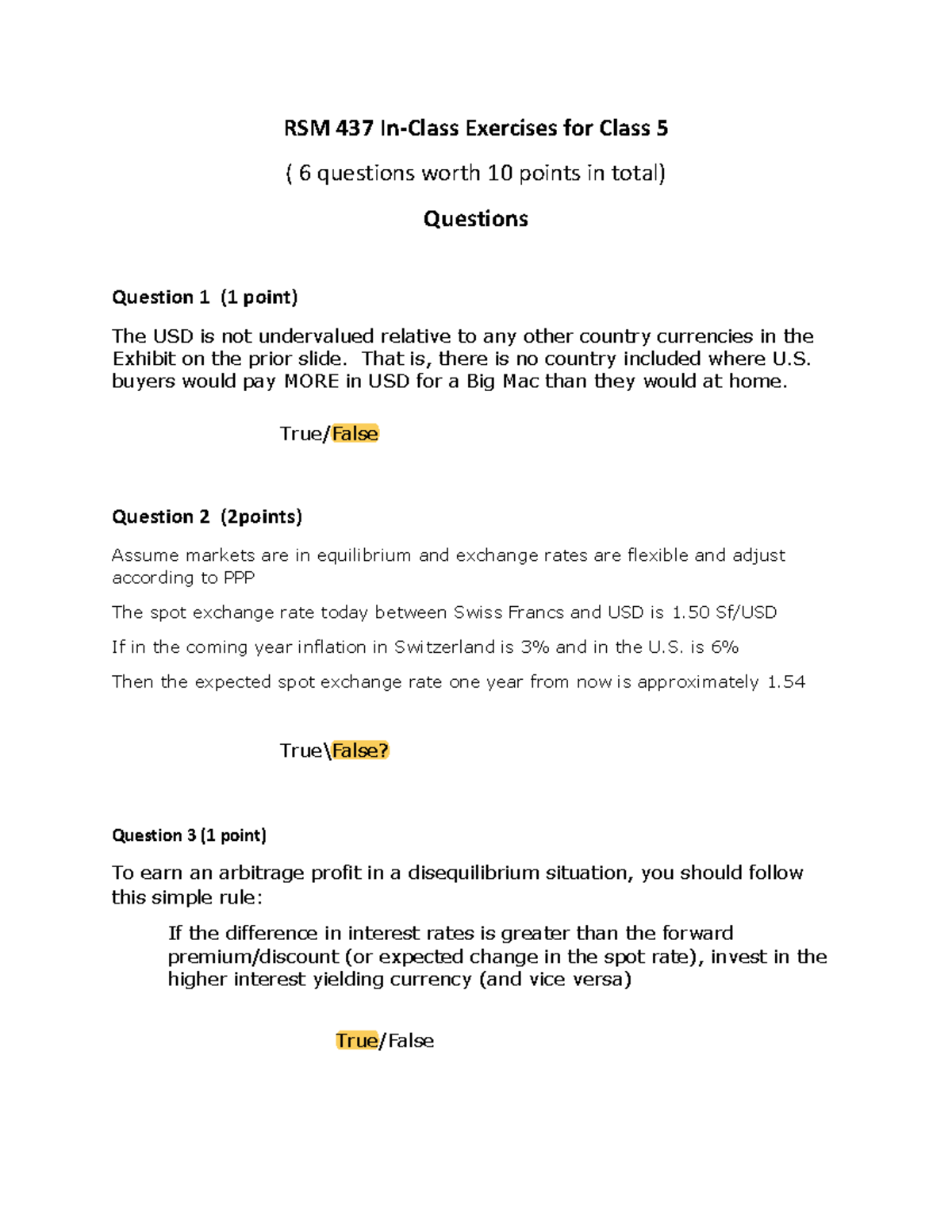 RSM 437 Class 5 cont'd - RSM 437 In-Class Exercises for Class 5 ( 6 ...