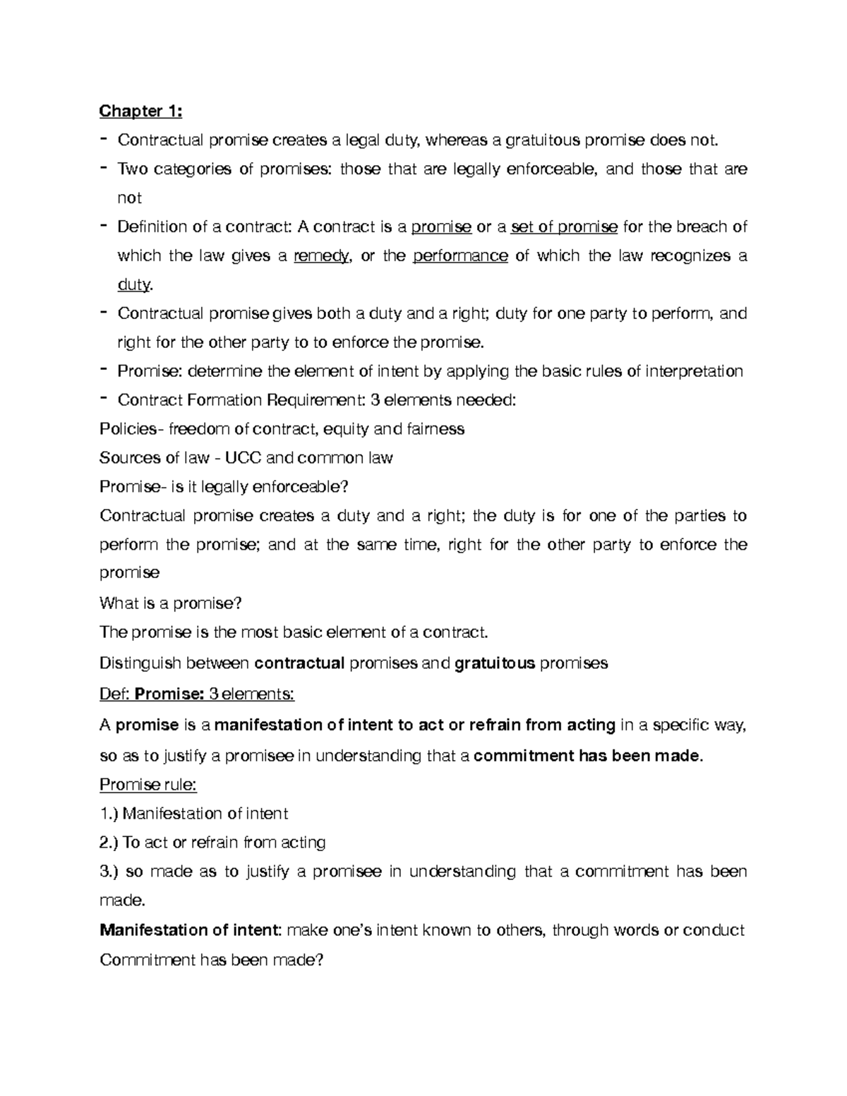 Contracts Outline - Chapter 1: - Contractual promise creates a legal ...