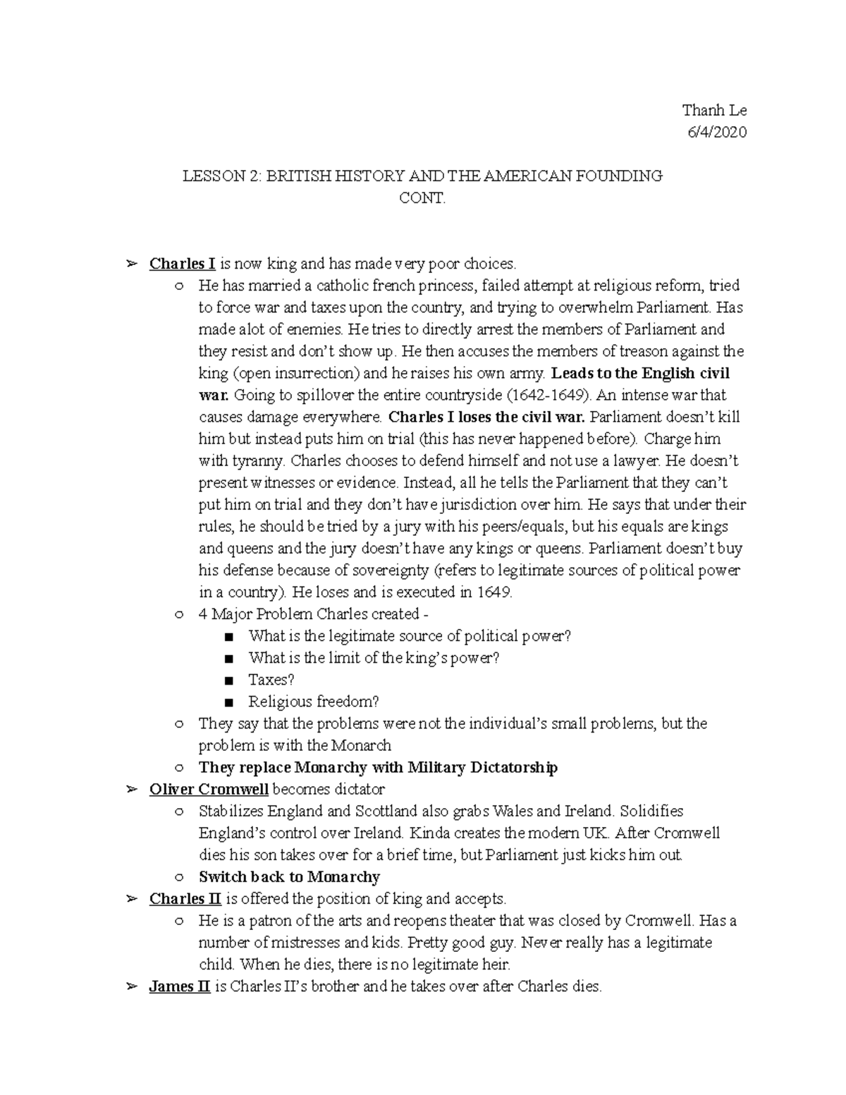 GOV- Lecture 2 The American Founding II - Thanh Le 6/4/ LESSON 2 ...