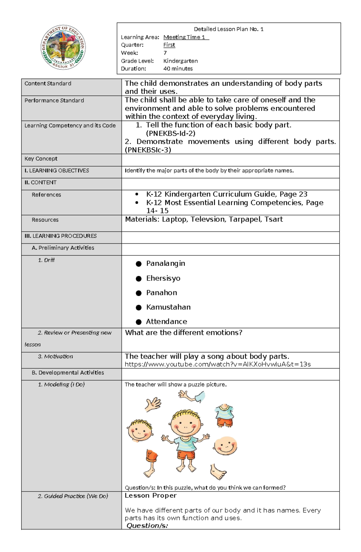 COT-Detailed-Lesson-Plan - Content Standard The child demonstrates an ...