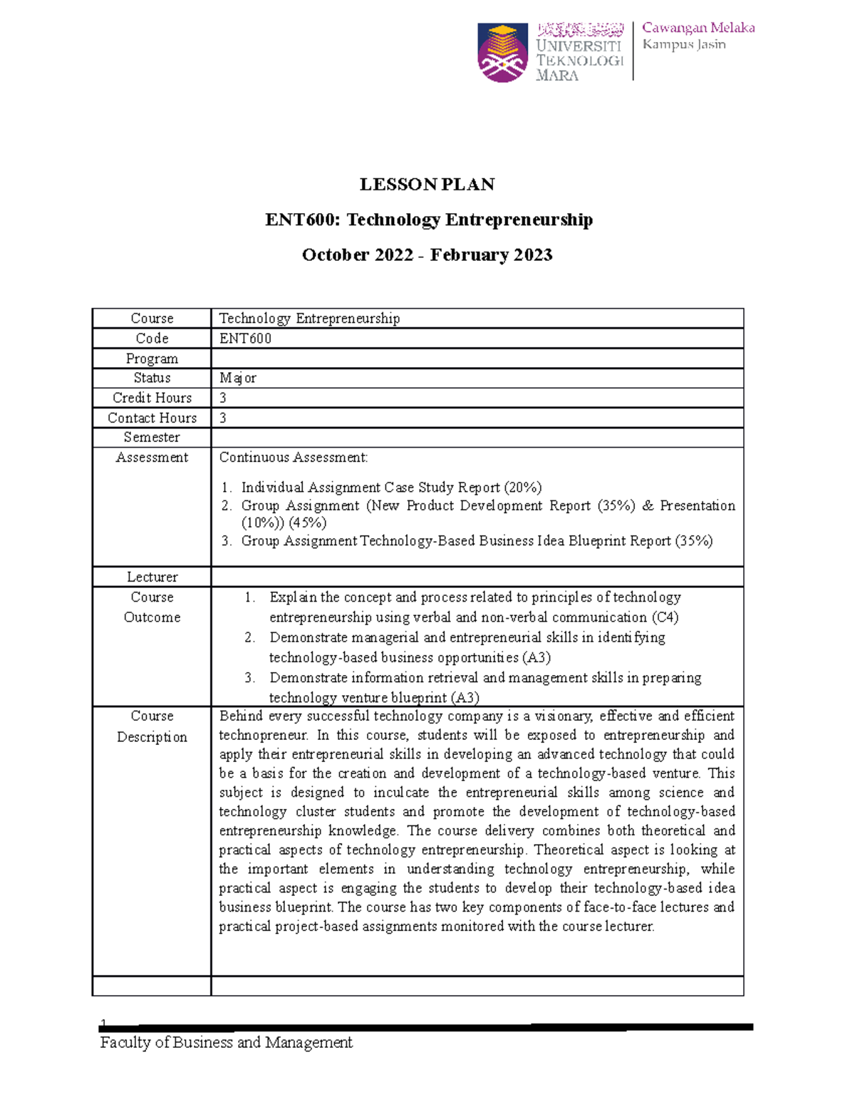 ENT600 Lesson Plan March - August 2022 Semester - LESSON PLAN ENT600 ...