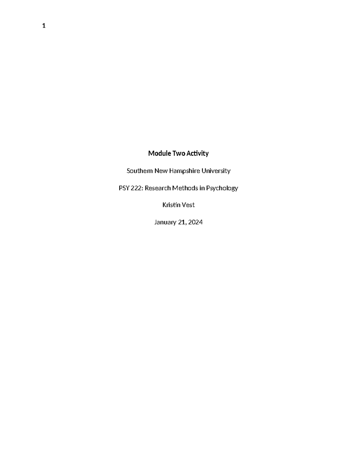 PSY222 Module Two Activity - Module Two Activity Southern New Hampshire University PSY 222 ...