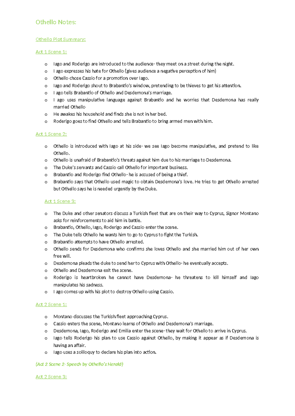 Othello Notes - Othello Plot Summary: Act 1 Scene 1: o Iago and ...
