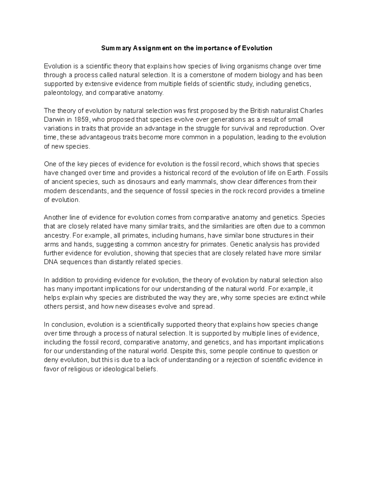 Importance of Evolution - Summary Assignment on the importance of ...