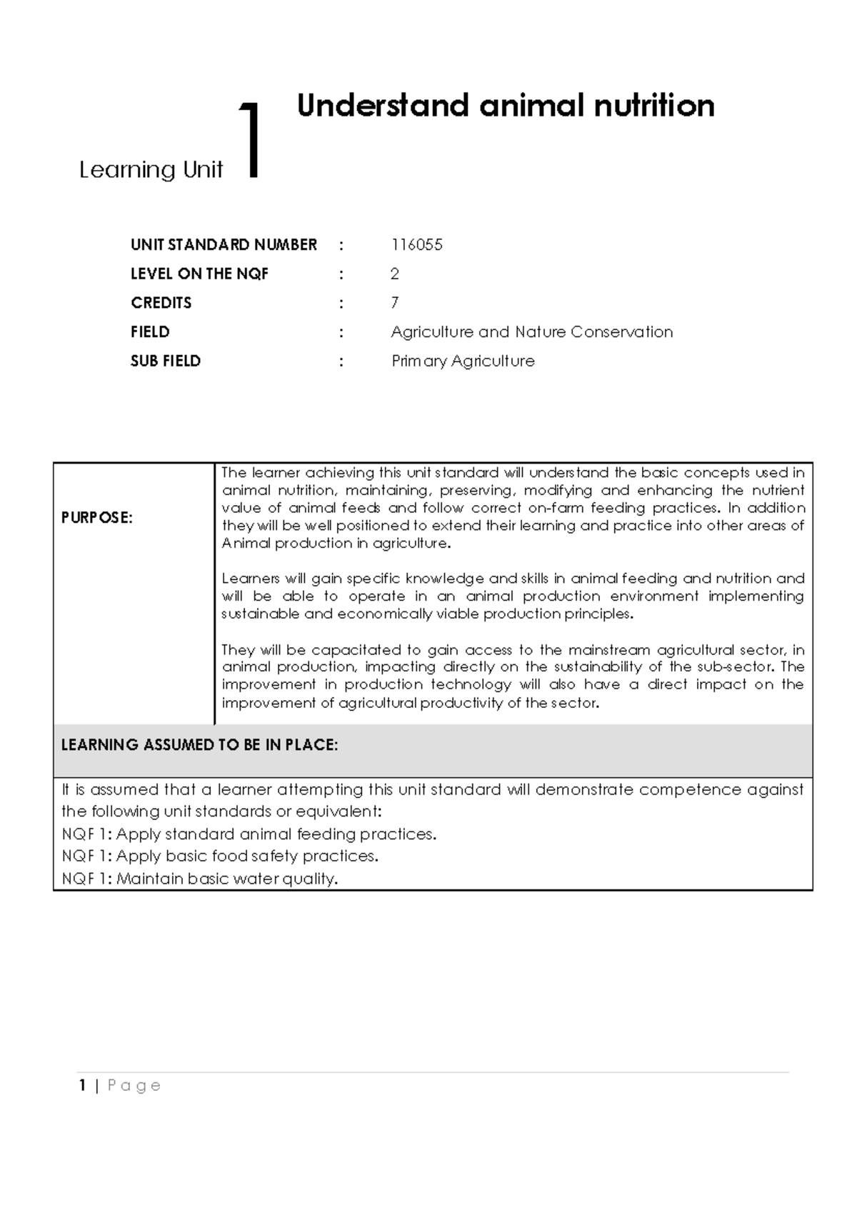 Understand animal nutrition - Learning Unit 1 UNIT STANDARD NUMBER ...