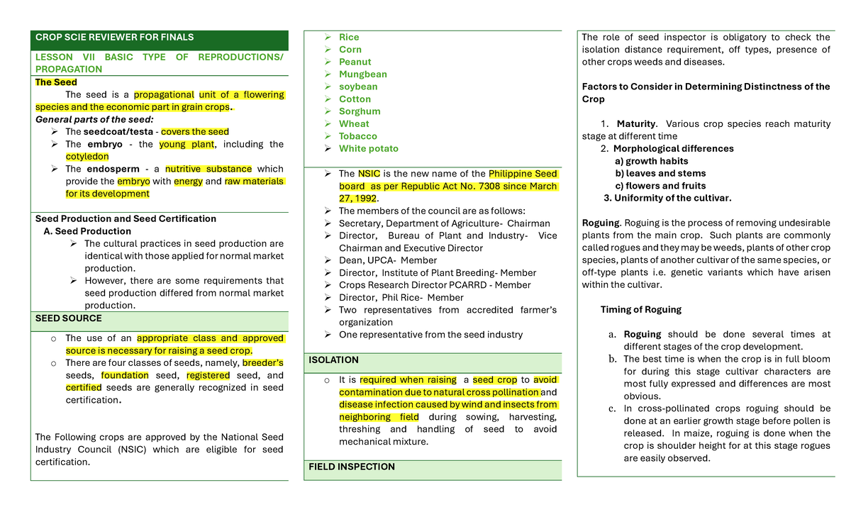 CROP SCIE Reviewer PDF - CROP SCIE REVIEWER FOR FINALS LESSON VII BASIC TYPE OF REPRODUCTIONS ...