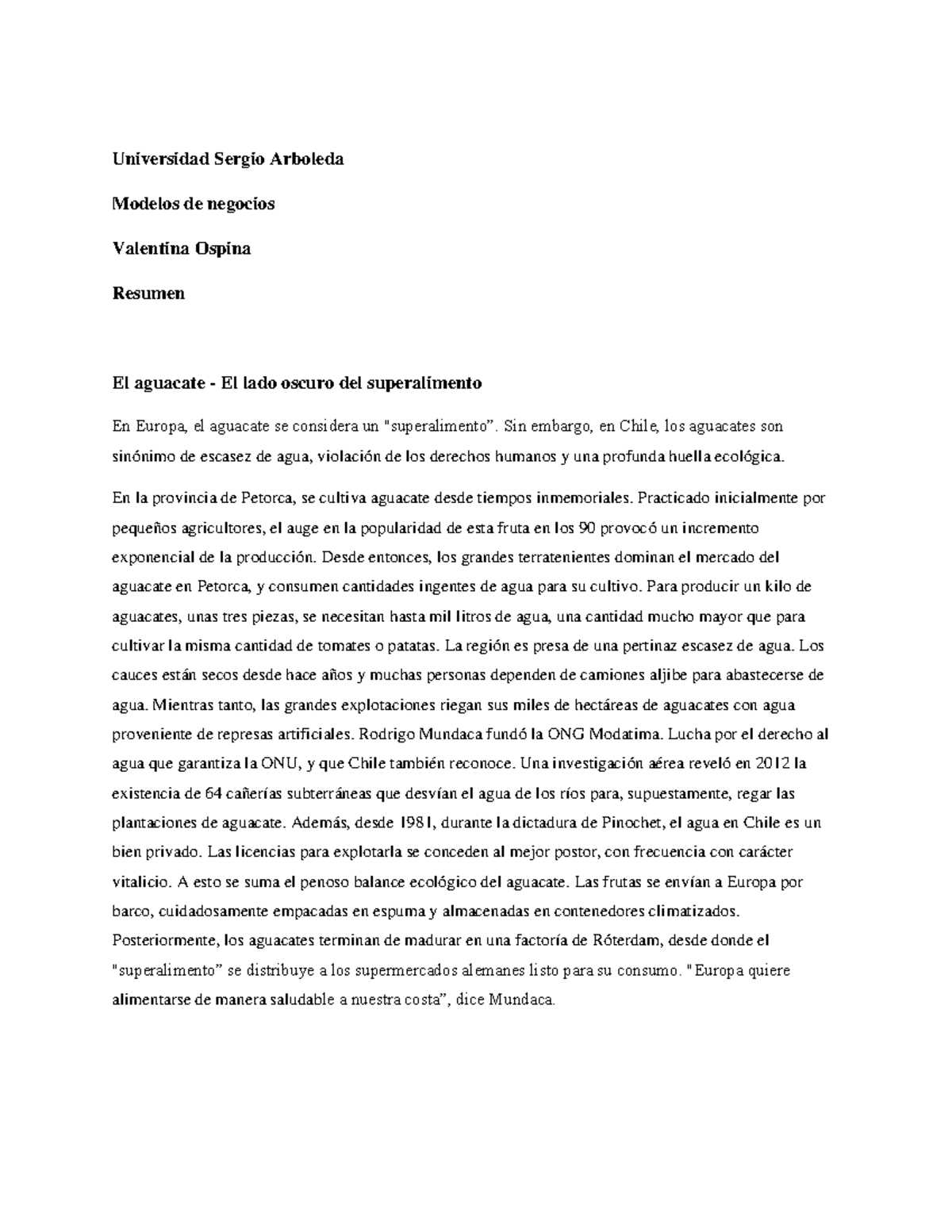 Resumen modelos - Universidad Sergio Arboleda Modelos de negocios ...