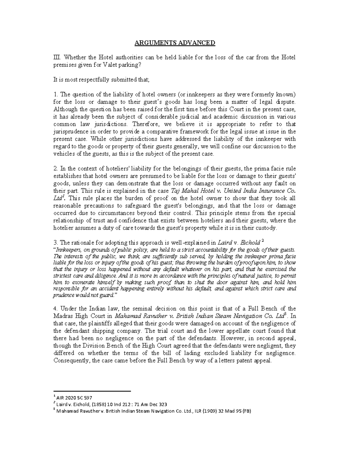 Arguments 3 issue plantiff - ARGUMENTS ADVANCED III. Whether the Hotel ...